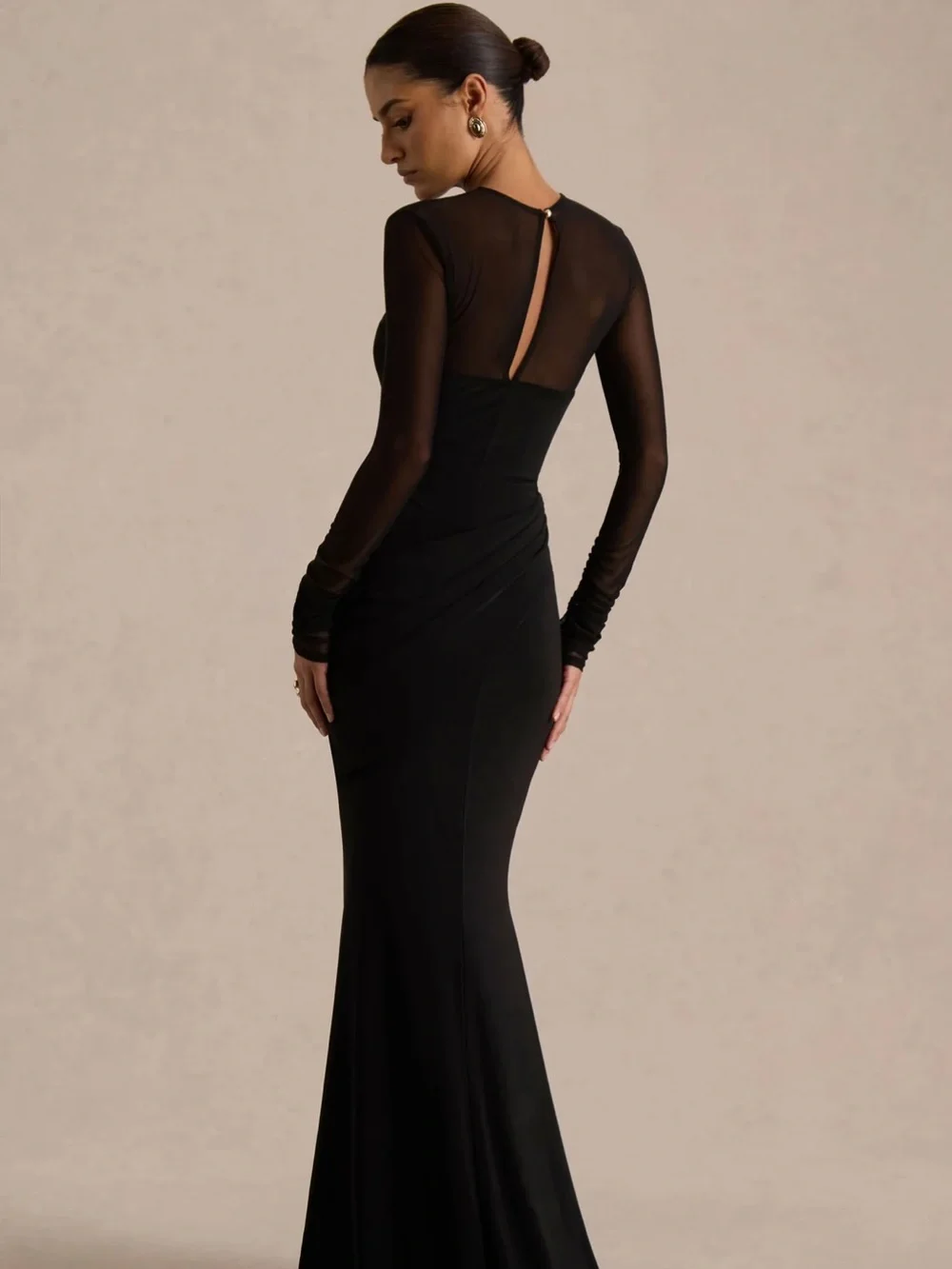 Club L London | Dresses | Club L London Black Sheer Long Sleeve Draped ...